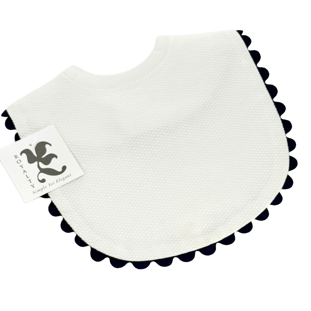 White Cotton Pique Baby Bib with Navy Trim